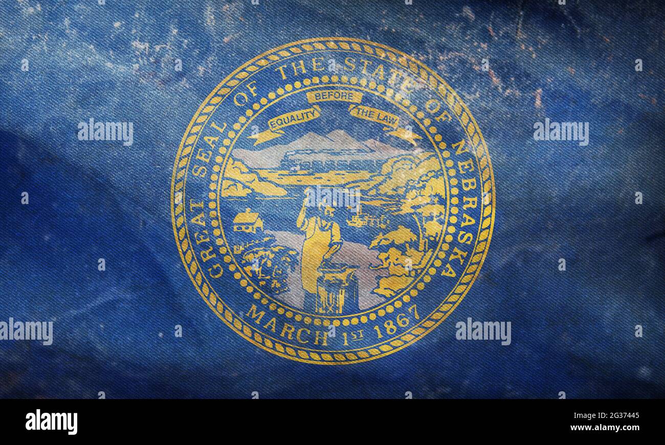 Top view of retro flag of Nebraska with grunge texture. Flag background ...