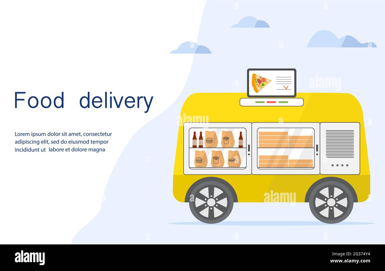 Vector illustration Fast food online order for delivery by self-driving ...