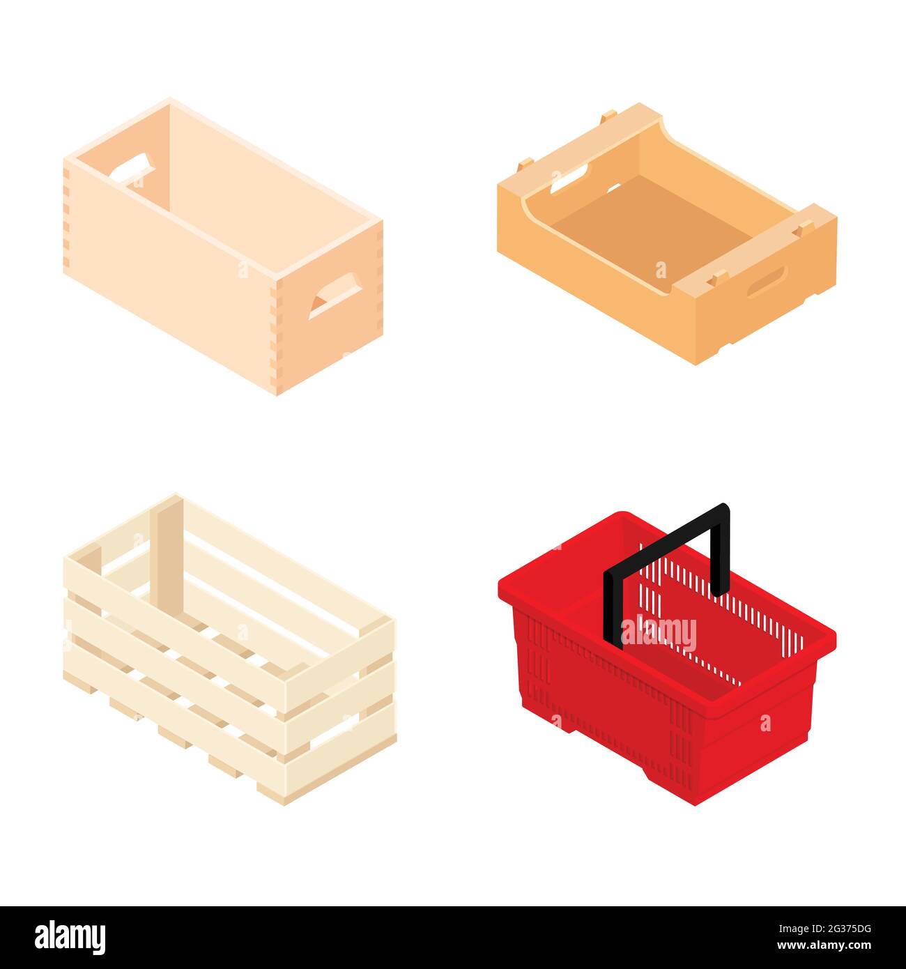 Wicker basket, shopping basket and wooden market boxes isometric view ...