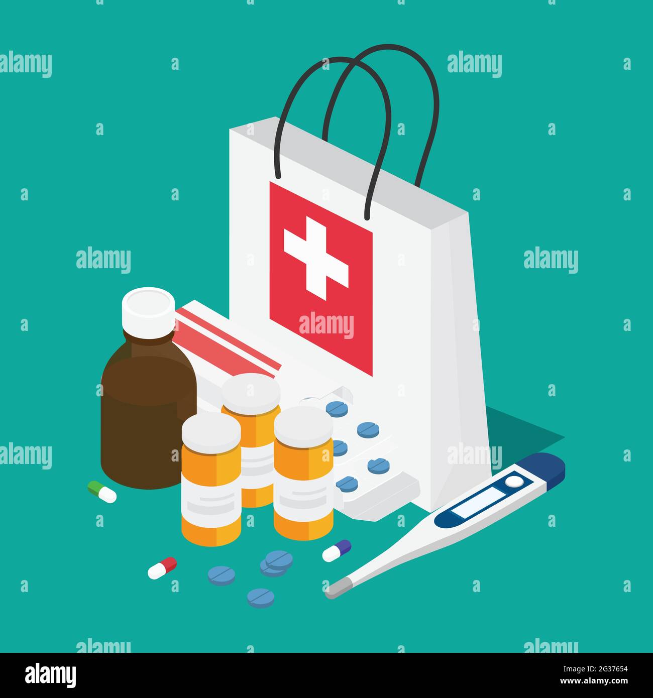 White bag with pills, capsules blisters, glass bottles with liquid ...