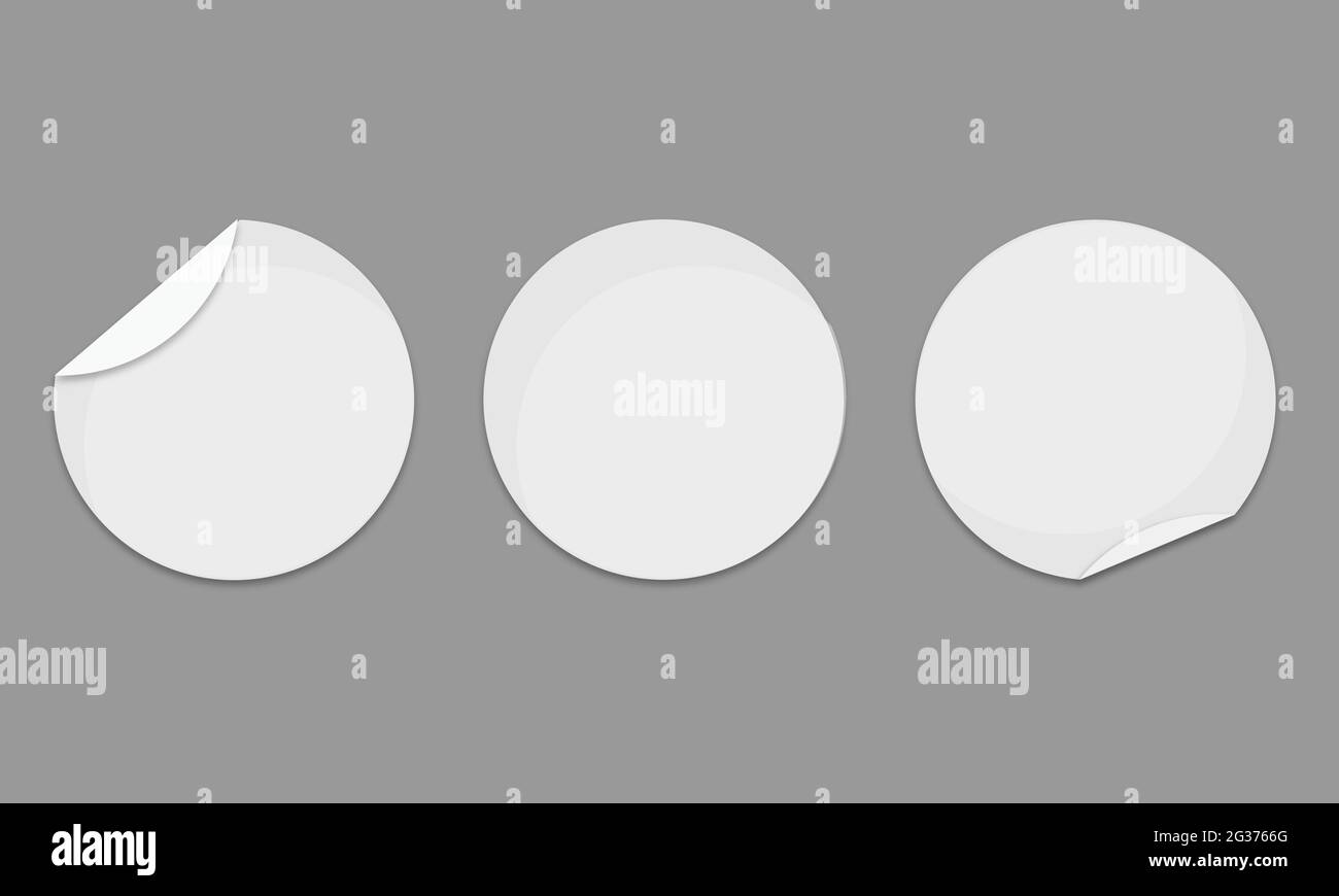 Circle adhesive symbols. White tags, paper round stickers with peeling ...