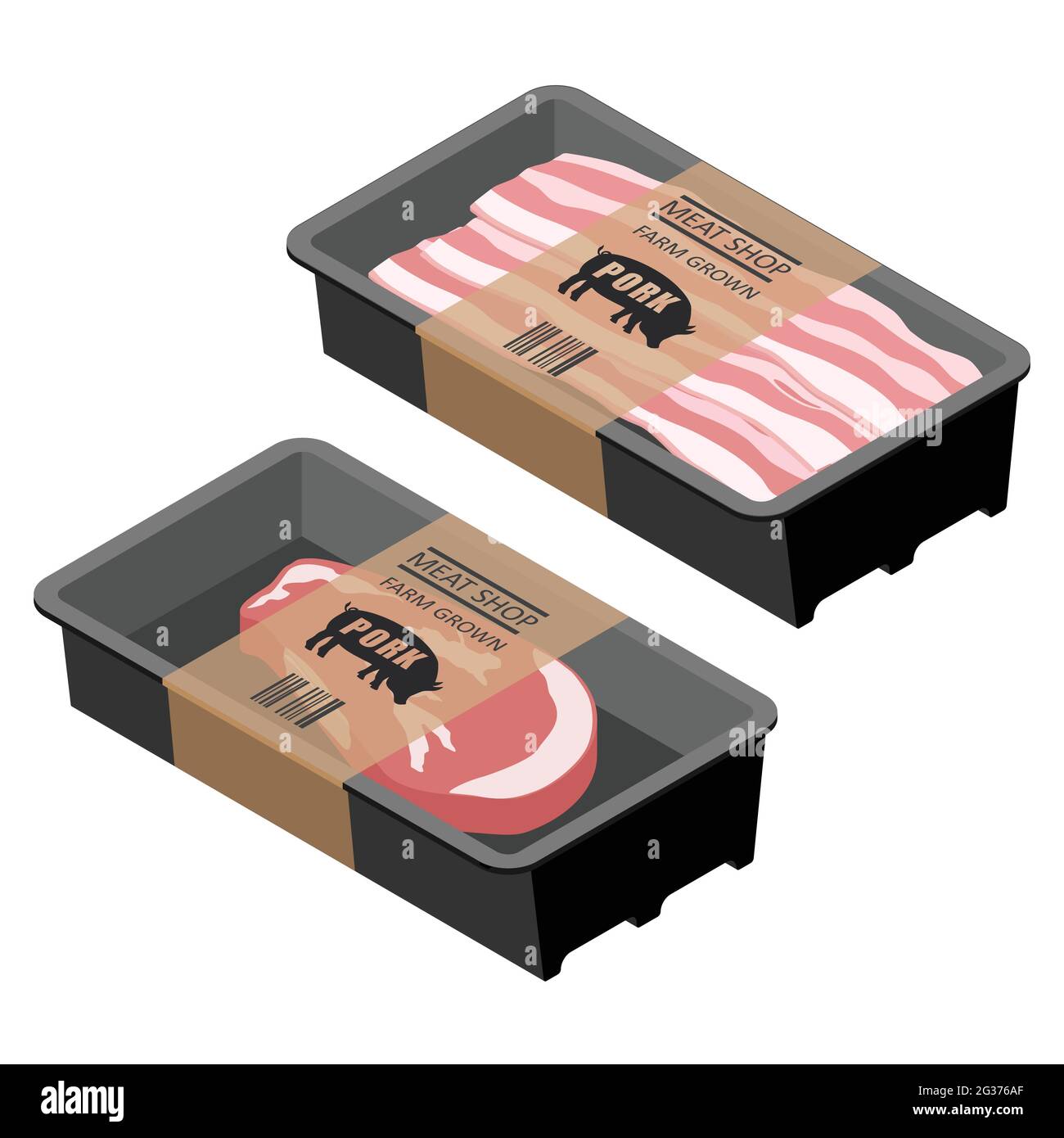 Fresh raw bacon slices and pork meat in package isolated on white ...