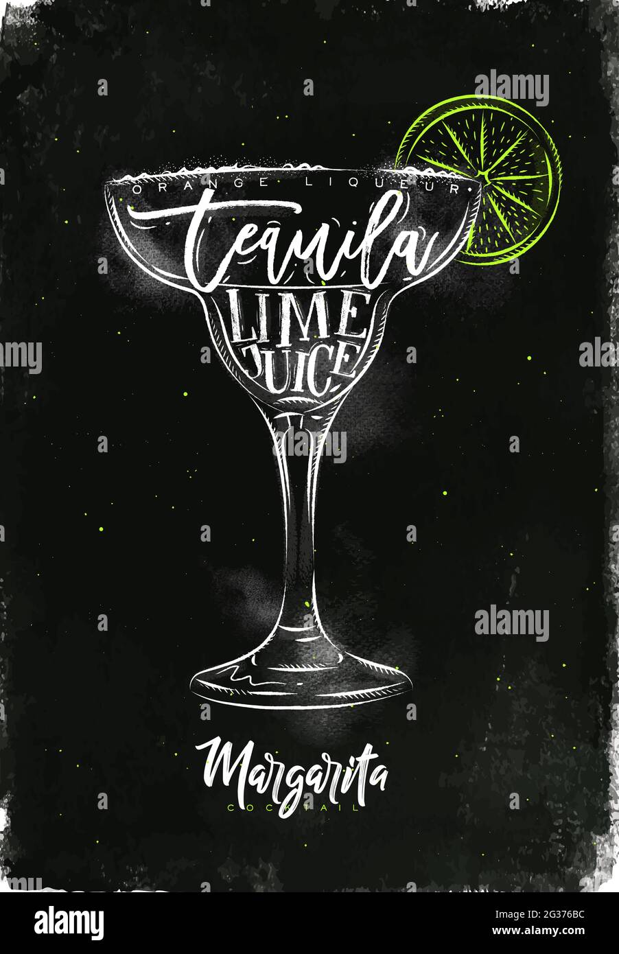 Margarita cocktail lettering orange liqueur, tequila, lime juice in ...