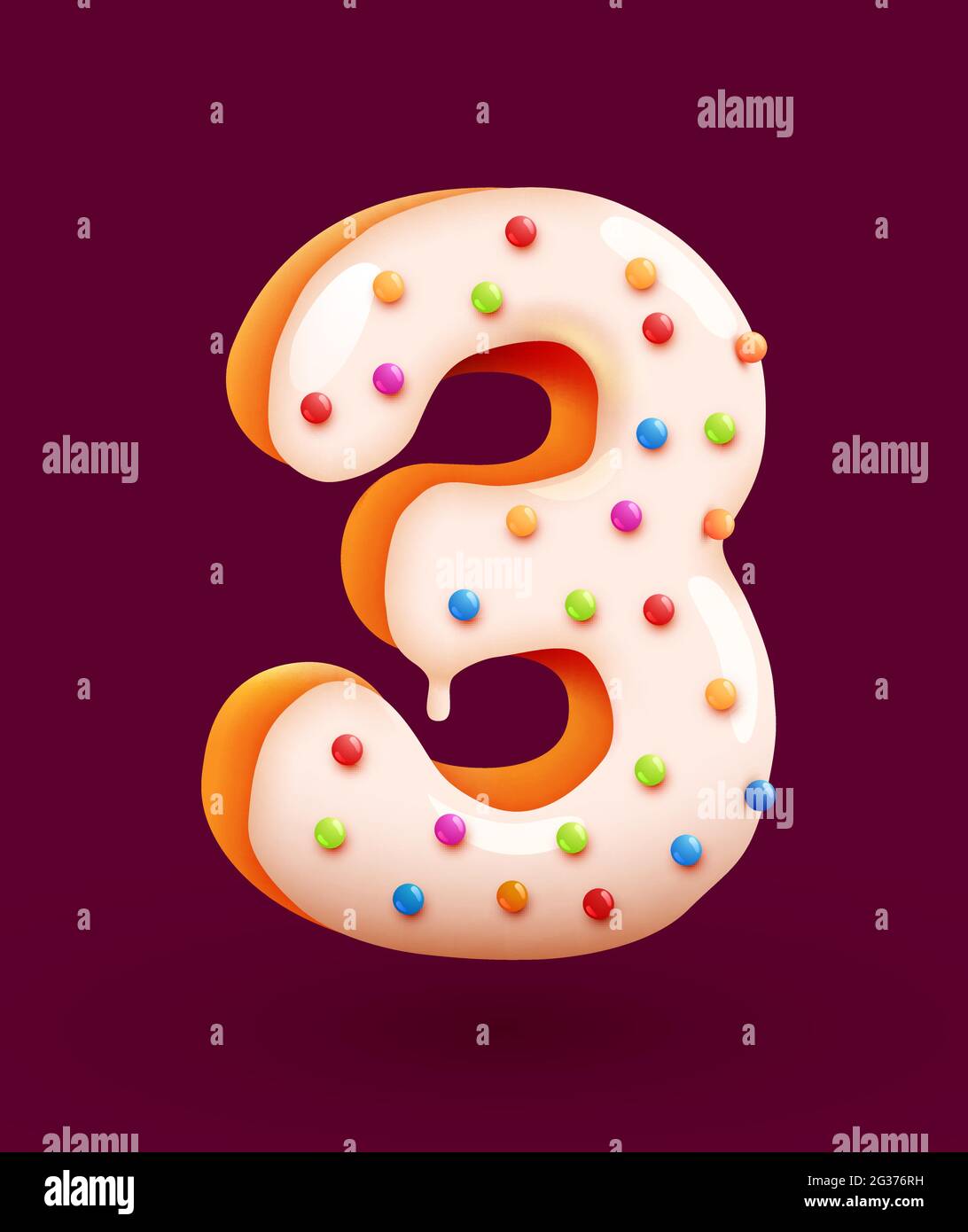 Glazed donut font. Number 3. Number three cake. Dessert style ...