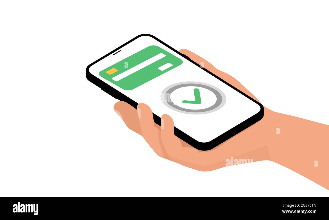 Hand holding smartphone with online payment system in a flat design ...