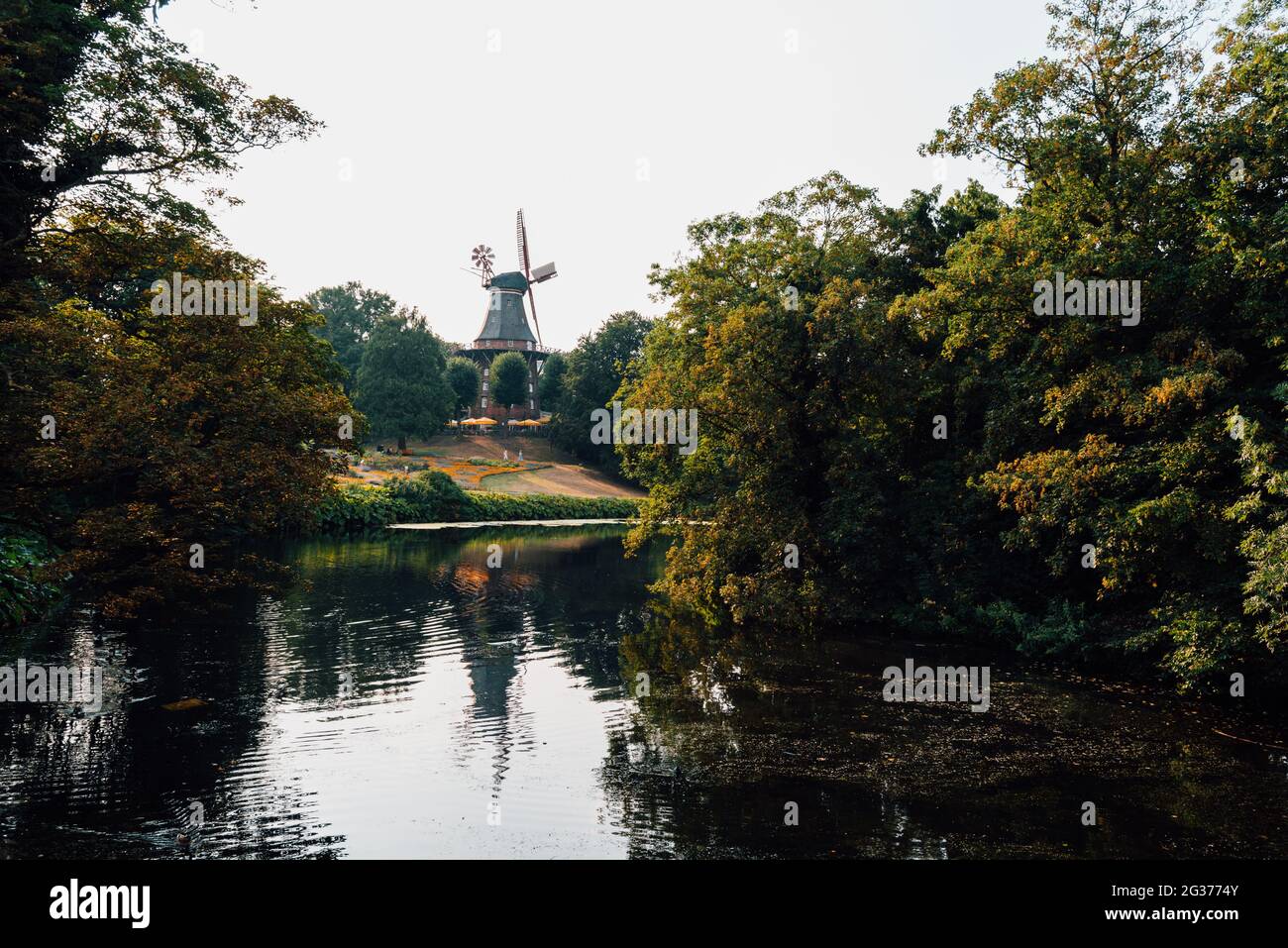 Beautiful windmill park and lake in the city of Bremen at evening Stock ...