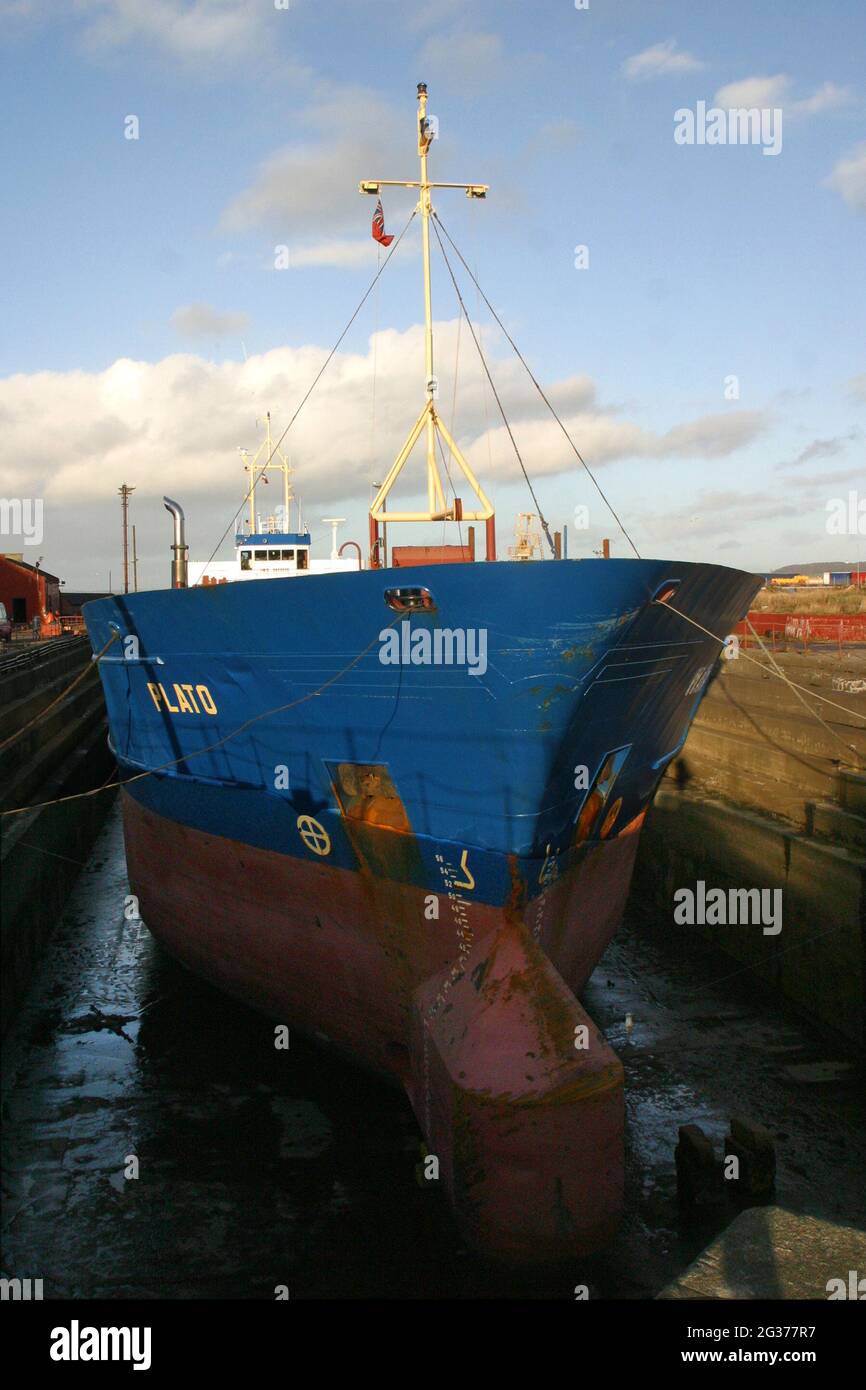 Port of Troon., Ayrshire, Scotland, UK. A ship in drydock undergoes ...