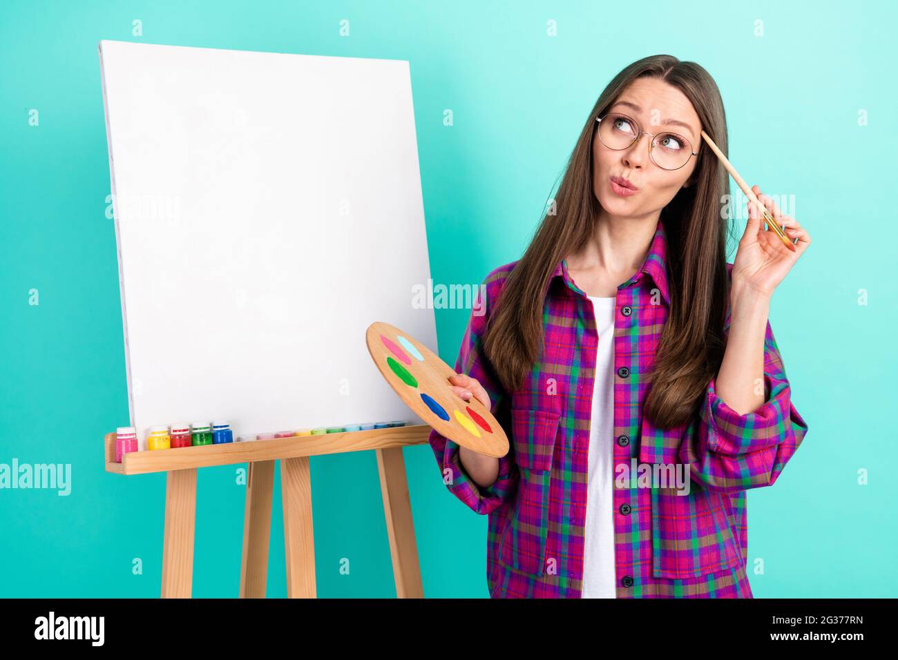 Photo of thinking long hairdo young lady painting look wear spectacles ...