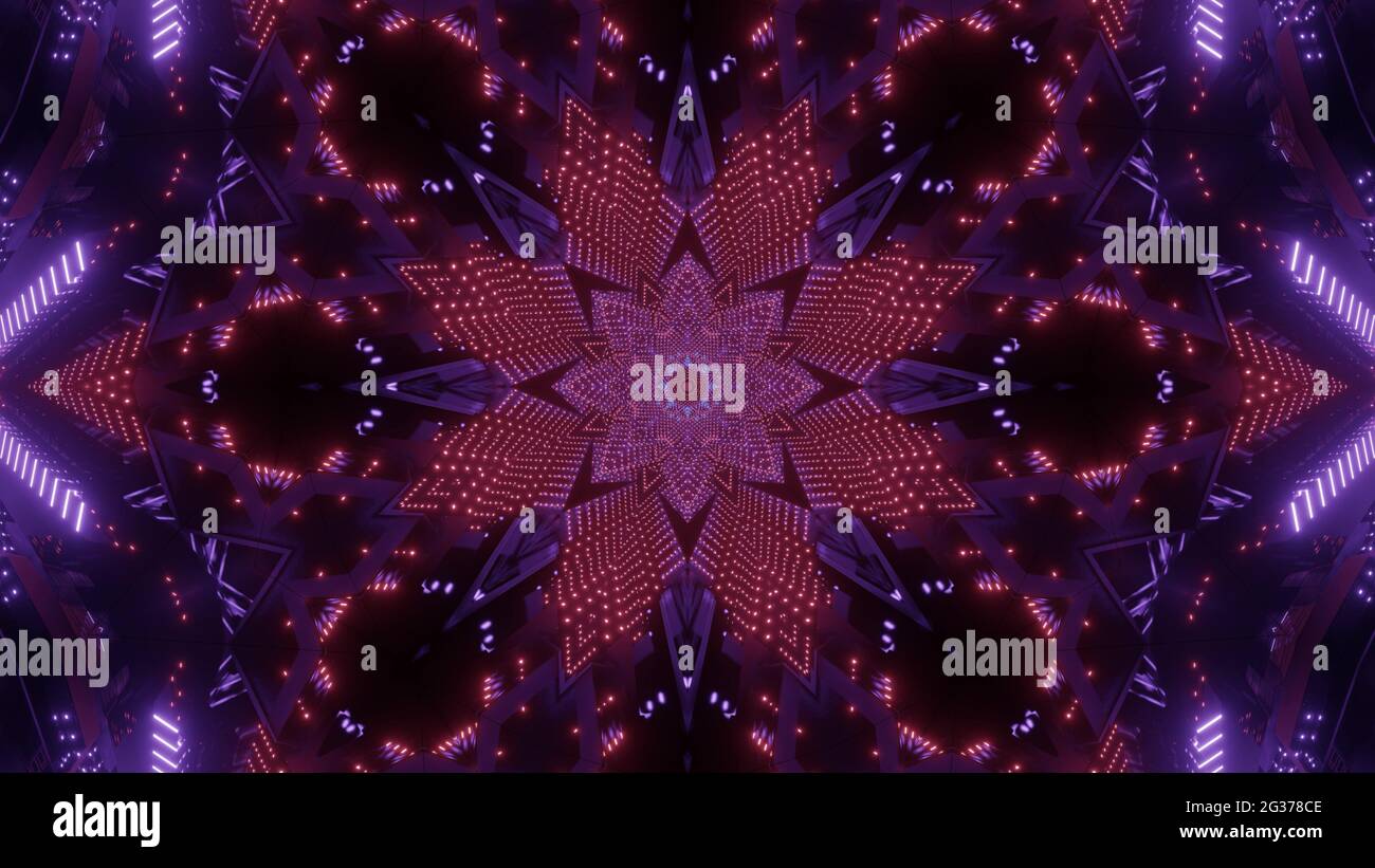 3D rendering of futuristic kaleidoscope patterns in maroon and purple ...