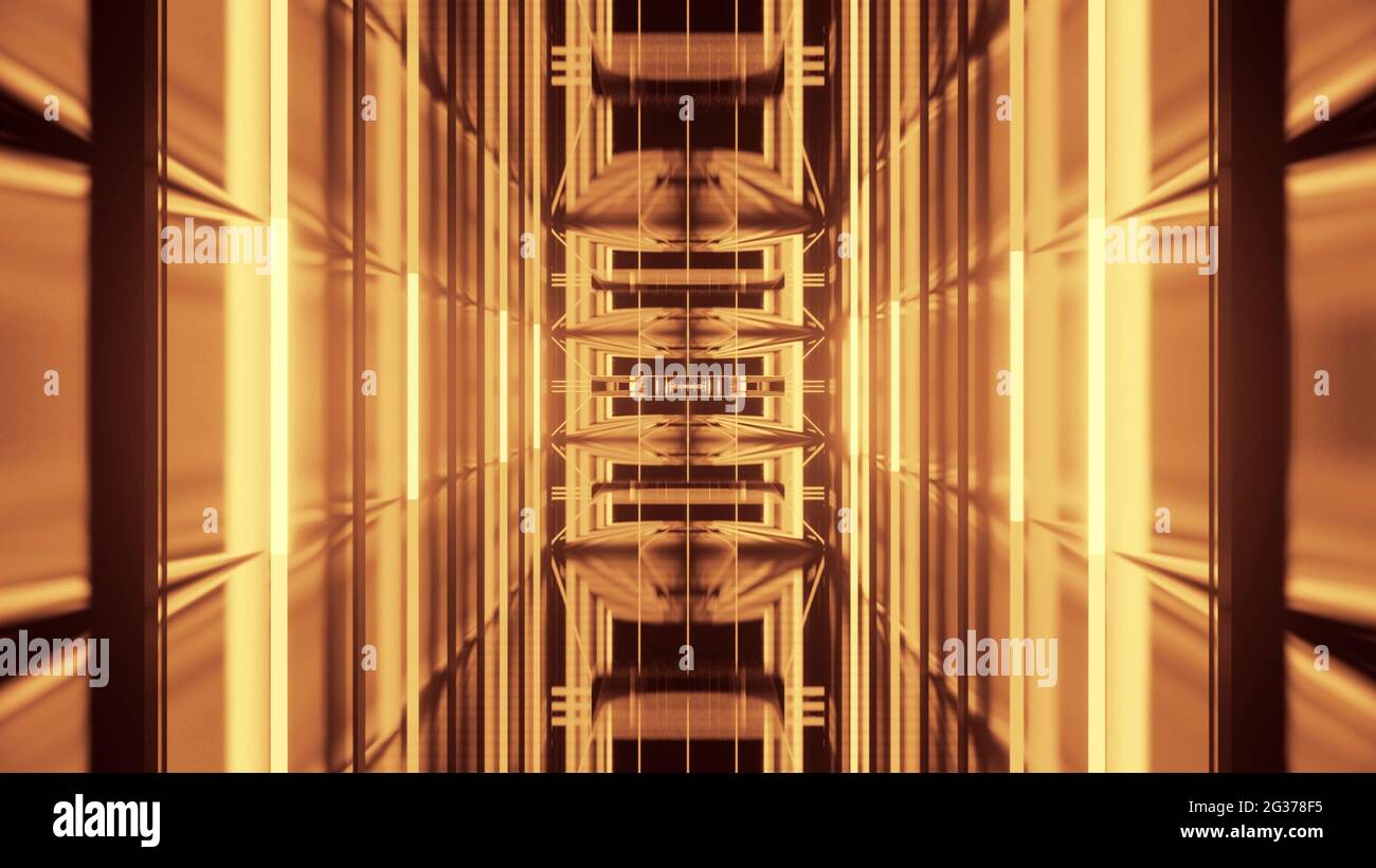 3D rendering of futuristic tunnel patterns in neon brown and white ...