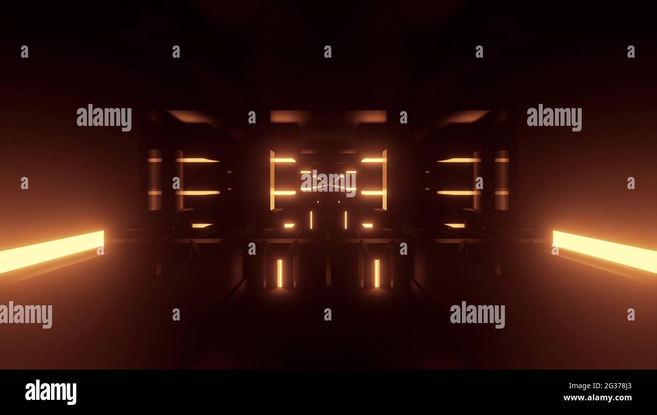 3D rendering of futuristic tunnel patterns in neon brown and black ...