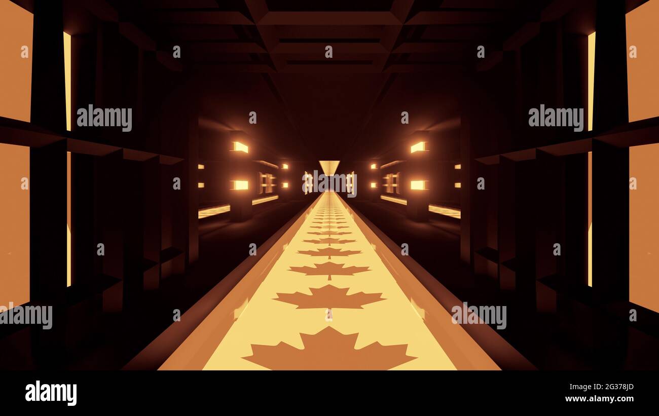3D rendering of futuristic tunnel patterns in neon brown and black ...