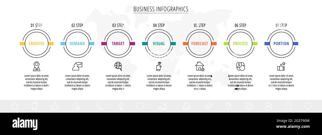Infographics circles with icons. Line vector business concept of 7 ...