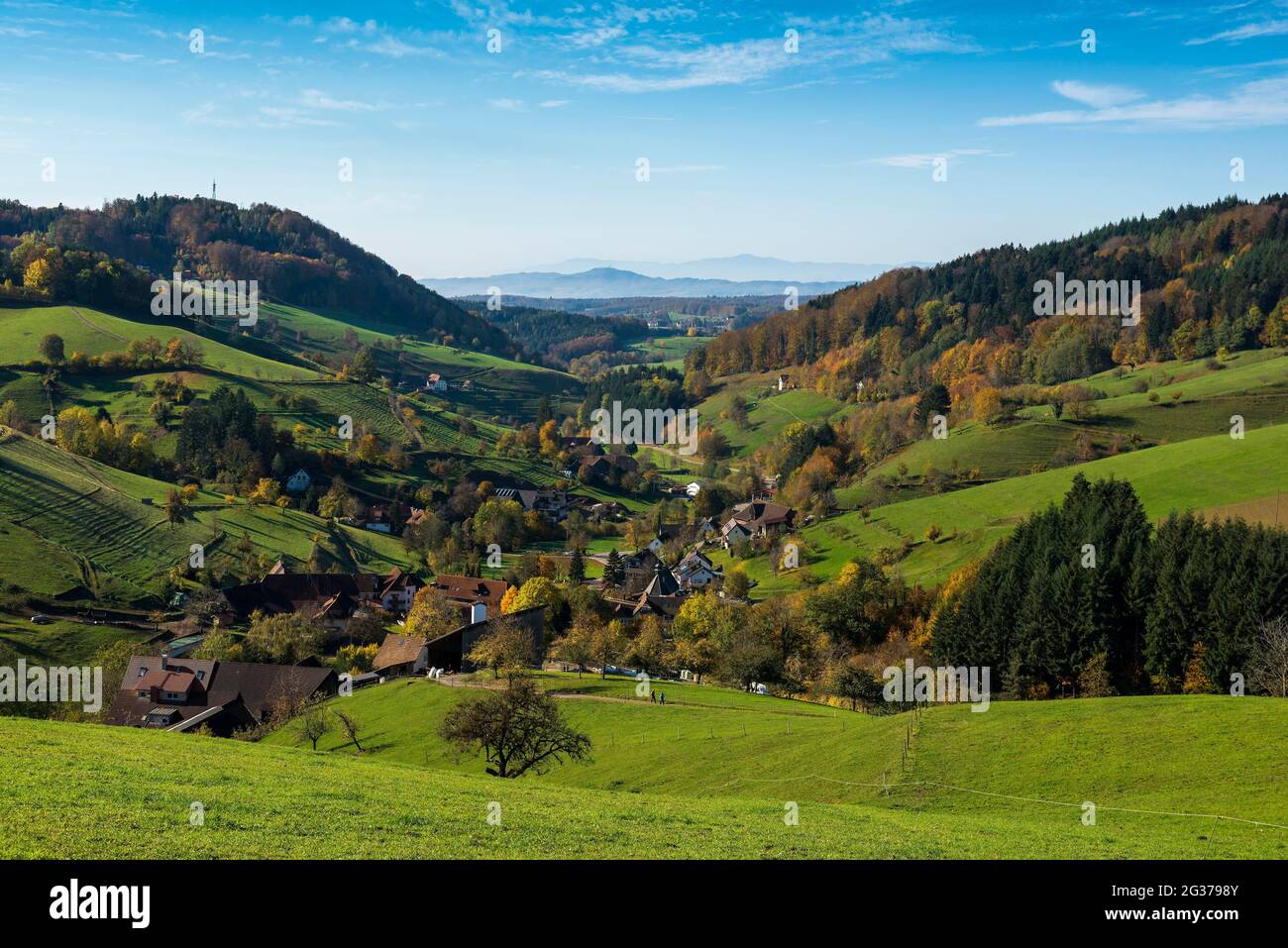 View from Huehnersedel into the Rhine valley, autumn, near Freiamt ...