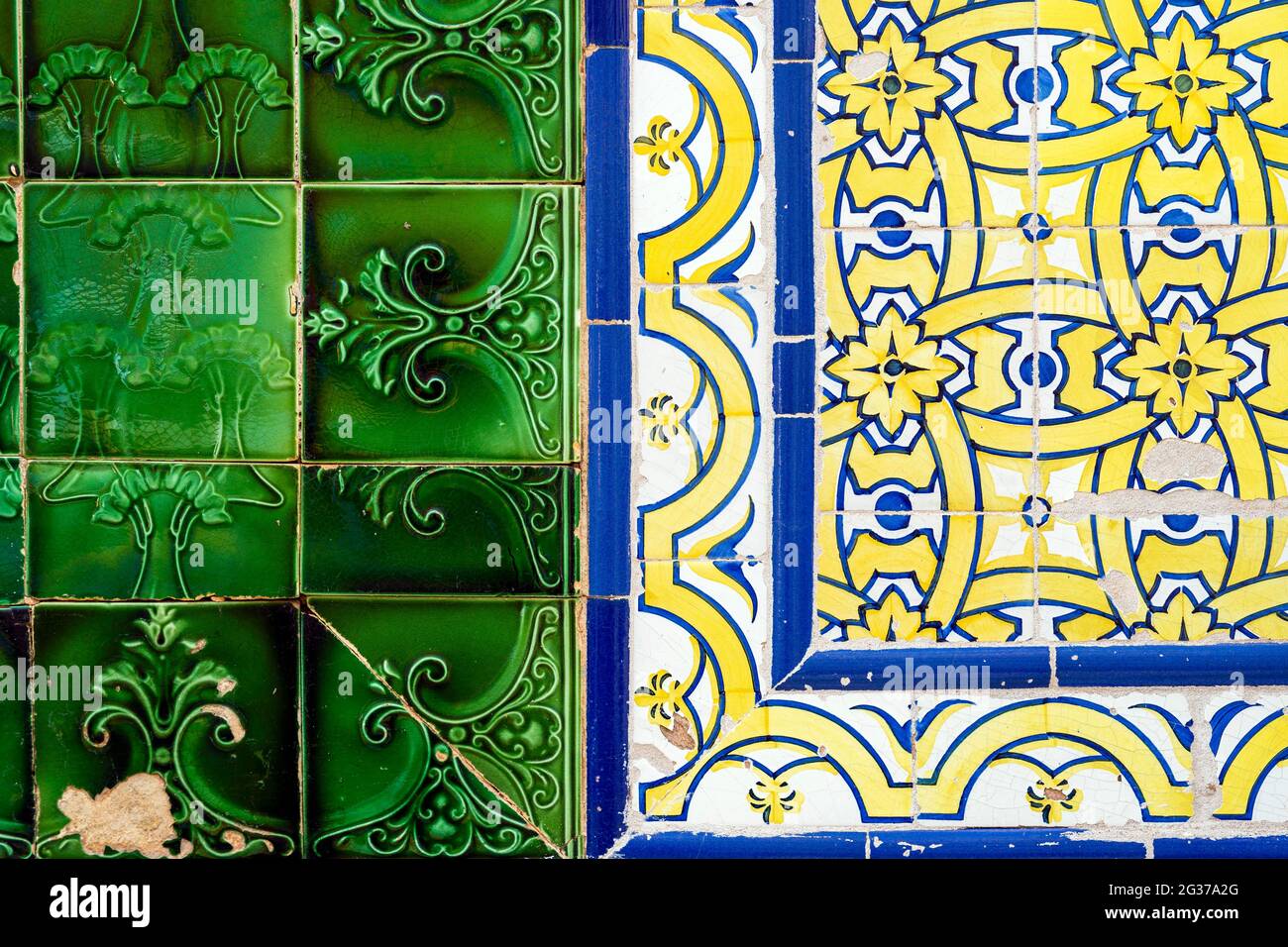 Close up of two types of typical Portuguese tiles called azulejo, Olhao ...
