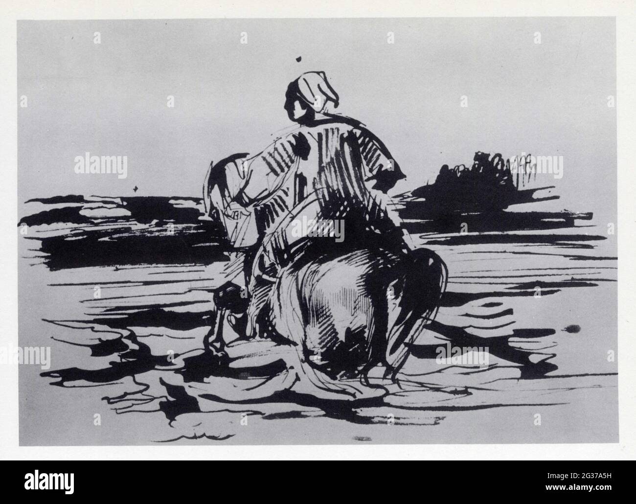 Eugène Delacroix.Cavalier arabe franchissant un gué.1832.Plume,encre ...