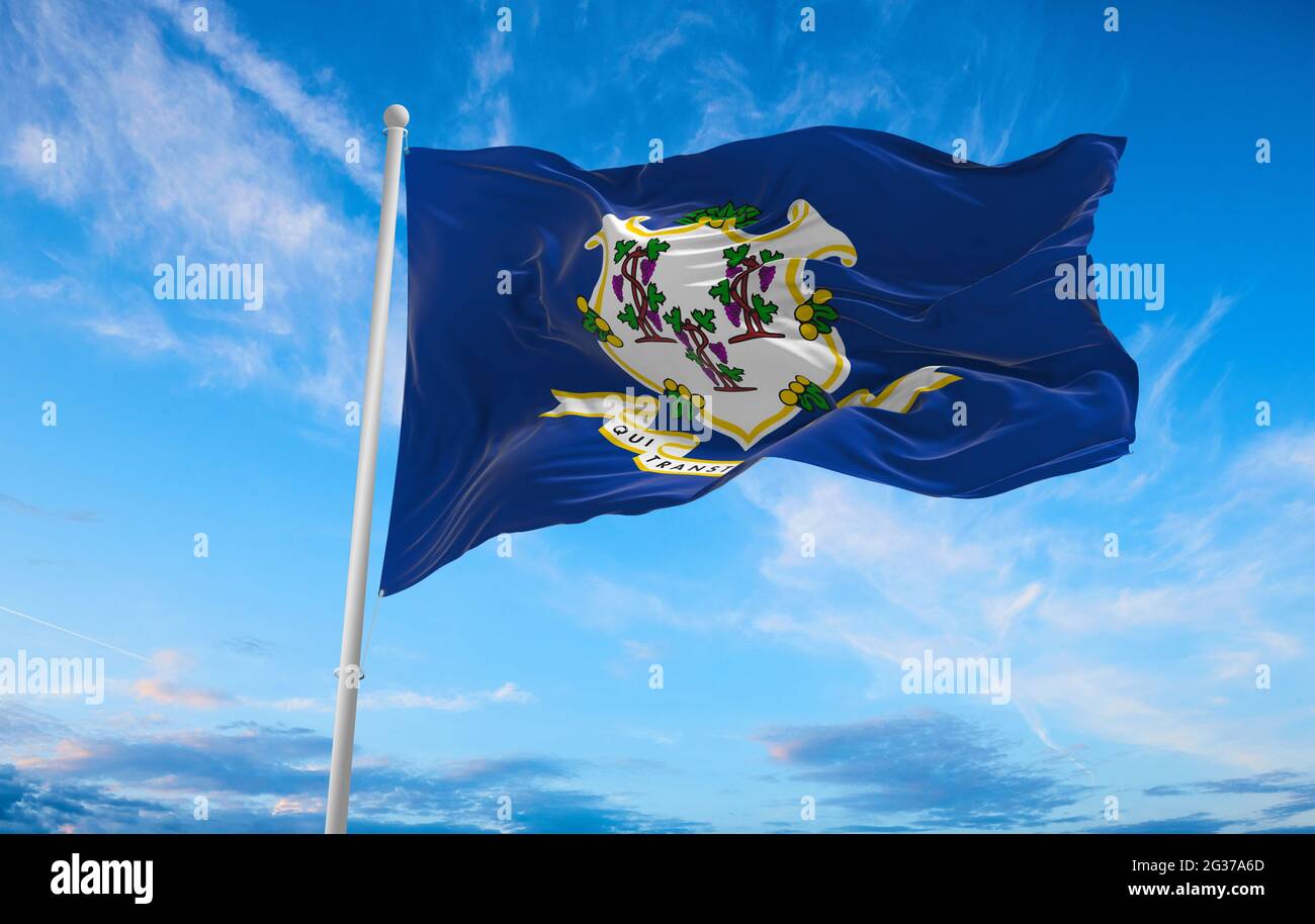 flag of Connecticut at cloudy sky background on sunset. Patriotic ...