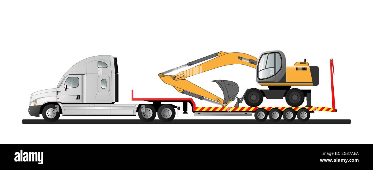 Image of a modern American low loader with a load. Wheeled excavator ...