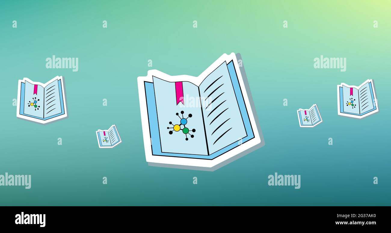 Composition of open science books floating on soft blended blue to ...