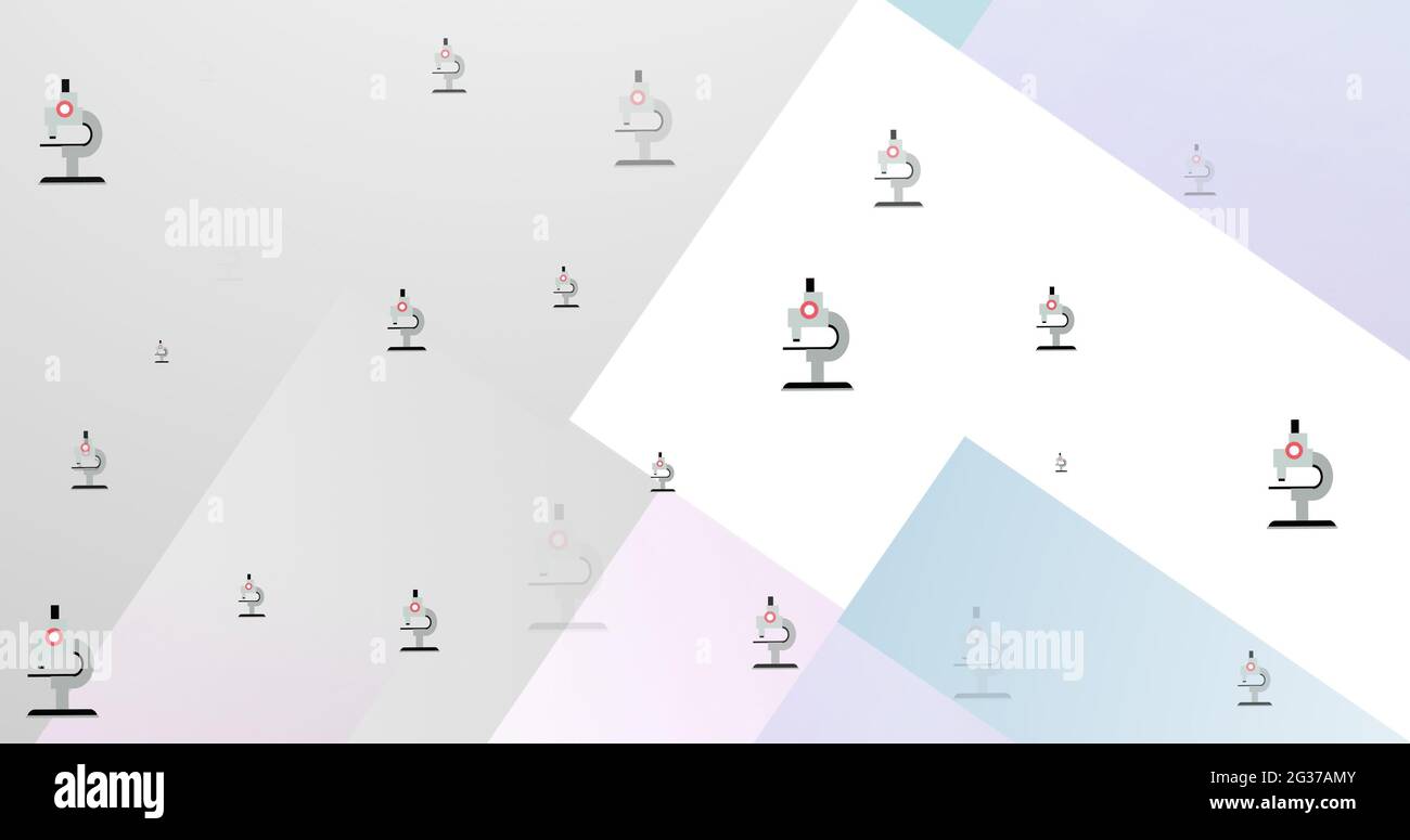 Composition of microscopes floating on pale blue, grey and pink ...