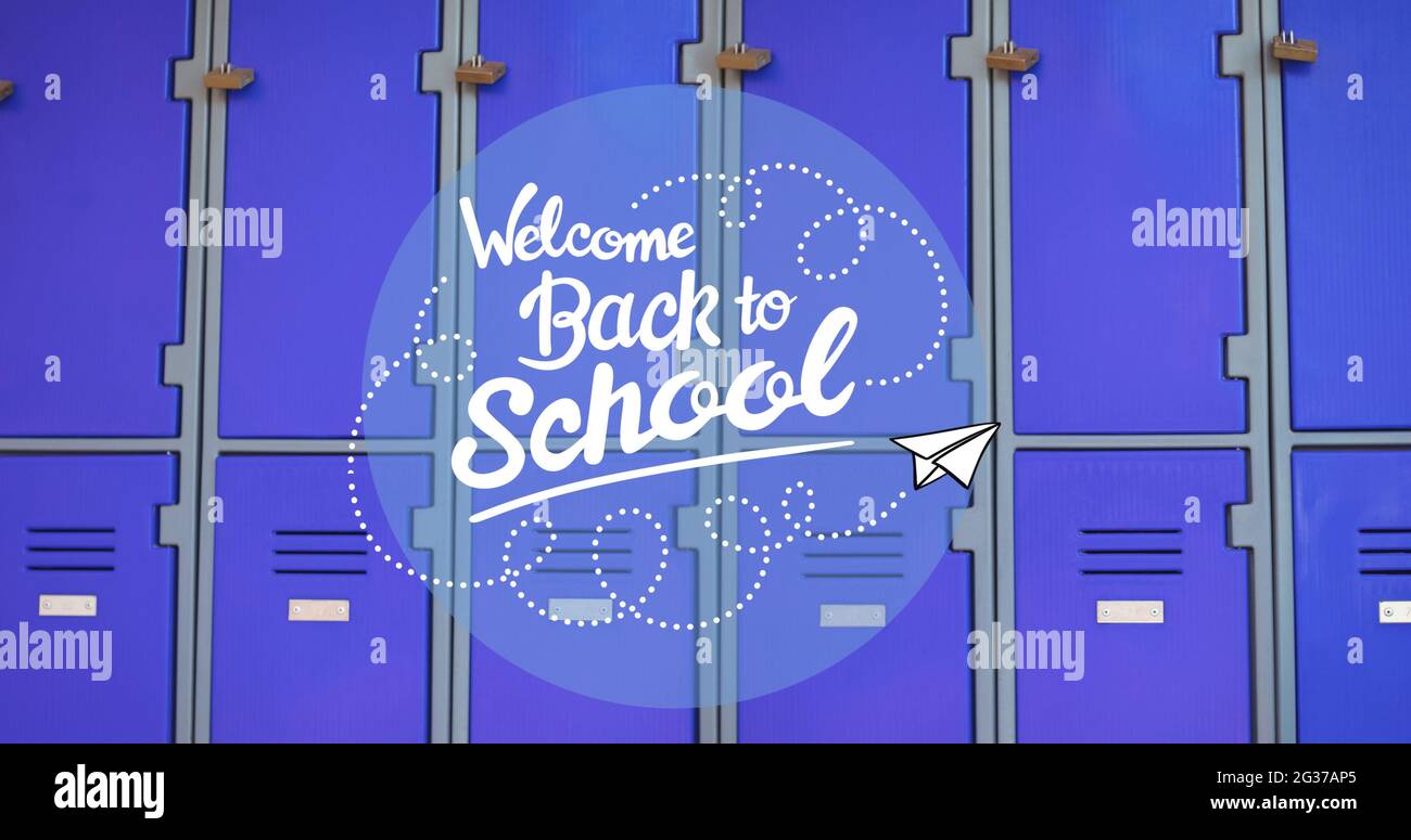 Composition of text welcome back to school in white with paper plane on ...