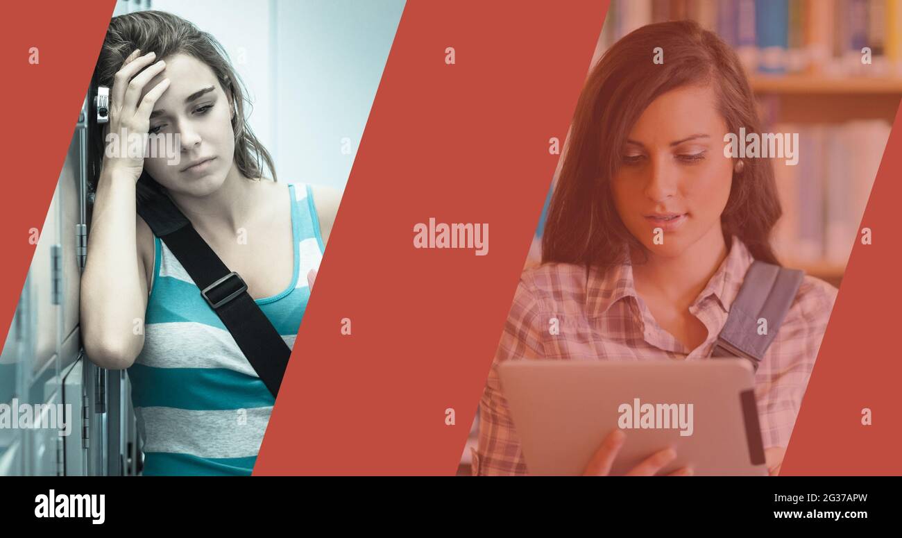 Composition of red bands over a stressed and a calm female adult ...