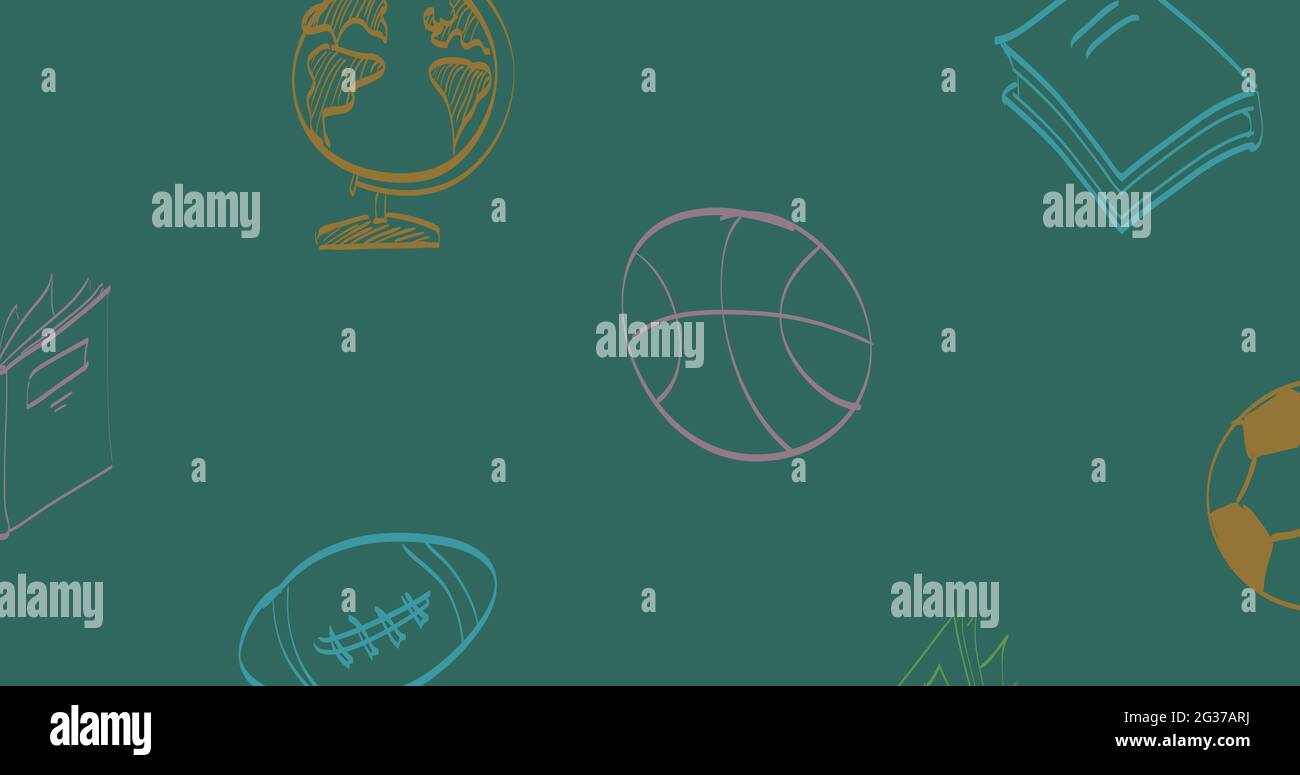 Composition of colourful chalk drawings of sports balls, globe and ...