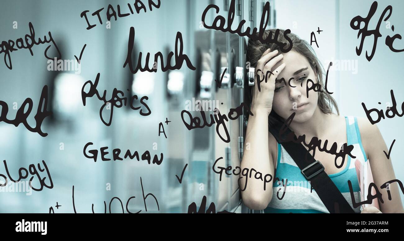 Composition of school subjects handwritten over stressed female student ...