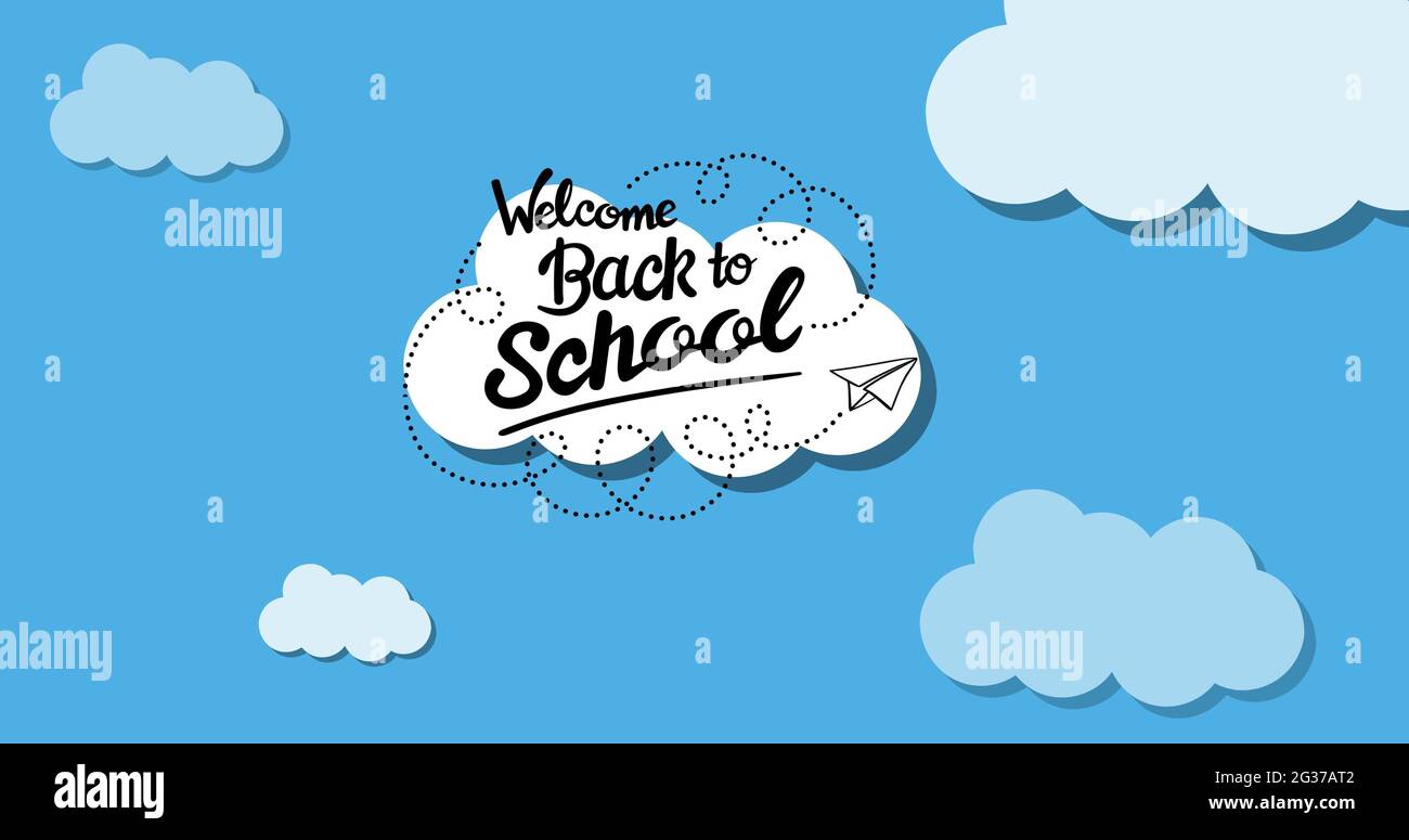 Composition of welcome back to school in black text with paper plane on ...