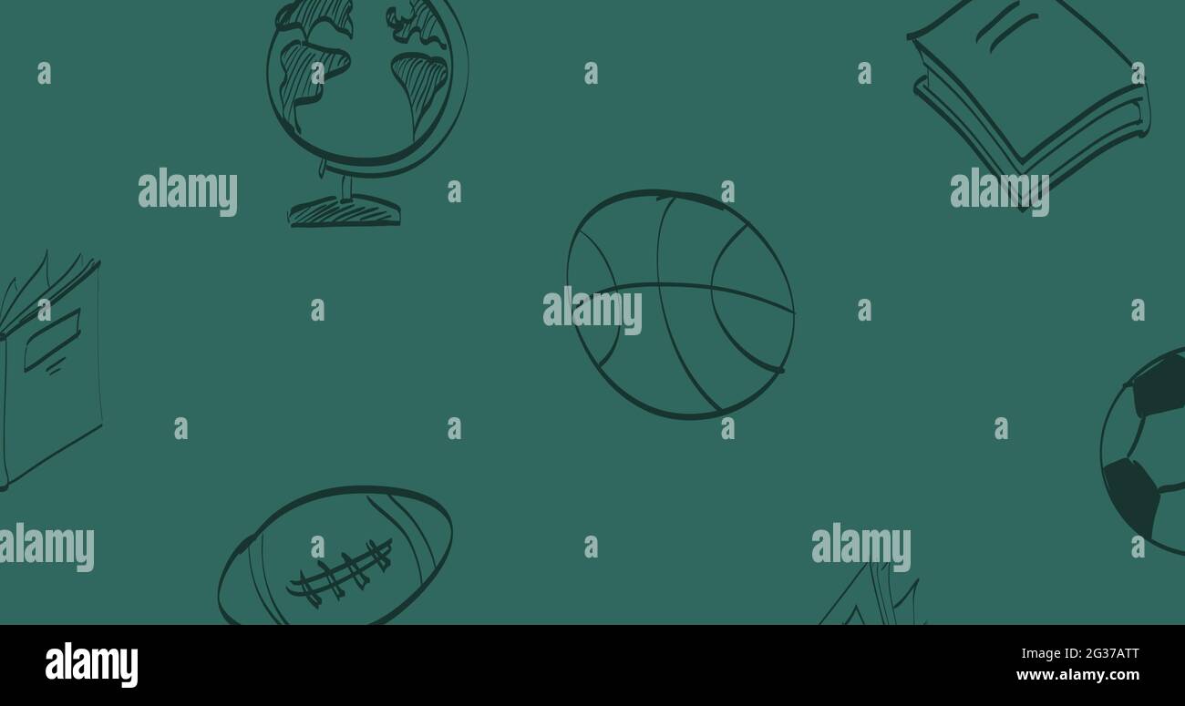 Composition of black line drawings of sports balls, globe and books on ...