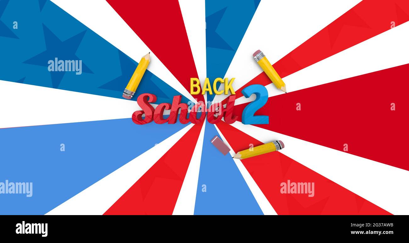 Composition of back 2 school text with pencils over radiating red, blue ...