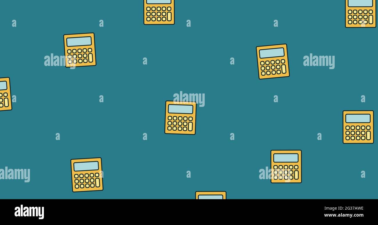 Composition of orange calculators floating on mid blue background Stock ...