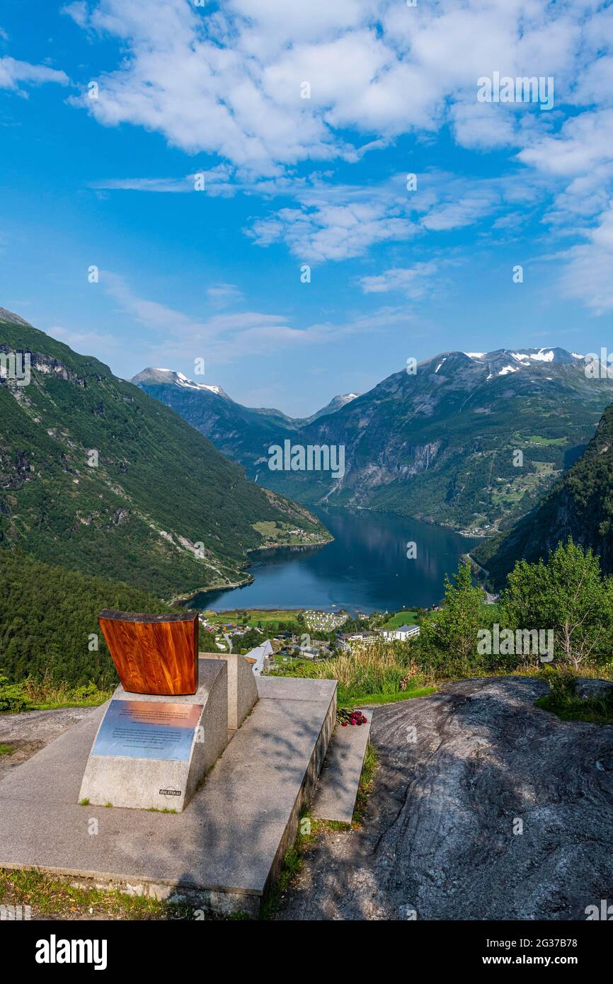 Design chair on a overlook over Geirangerfjord, Sunmore, Norway Stock ...