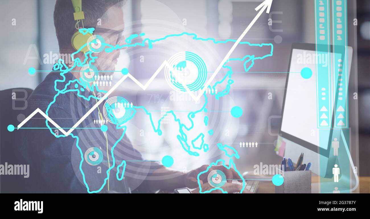Animation world map against computer hi-res stock photography and ...