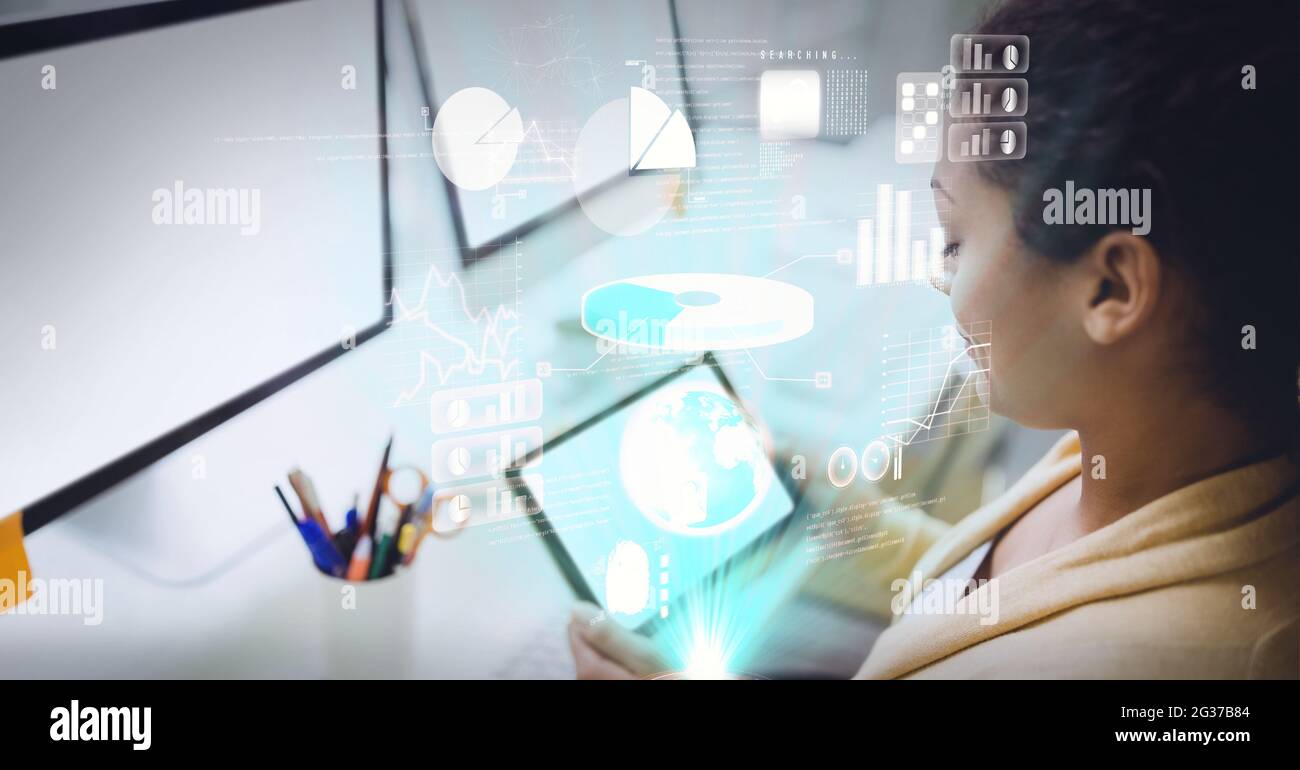 Digital interface with data processing against woman using digital ...
