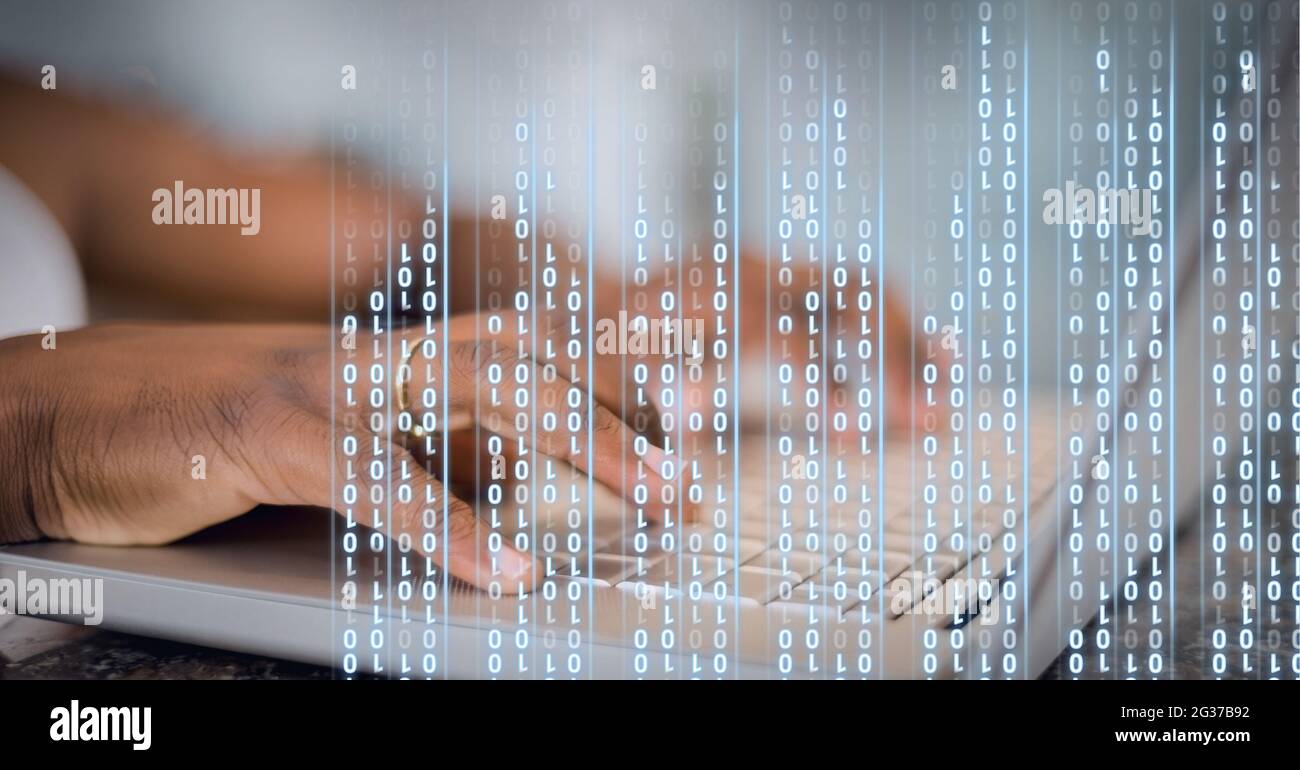 Binary coding data processing against mid section of person using laptop Stock Photo - Alamy