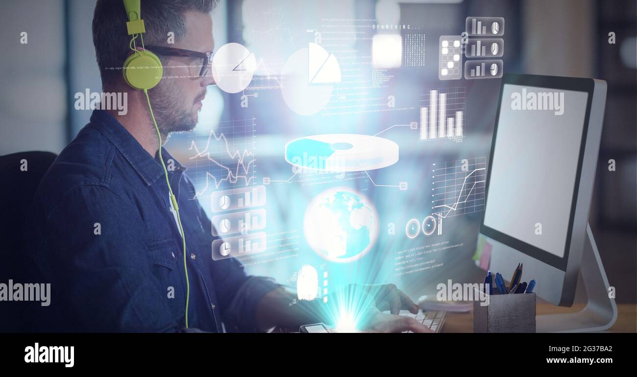 Digital interface with data processing against caucasian man wearing ...