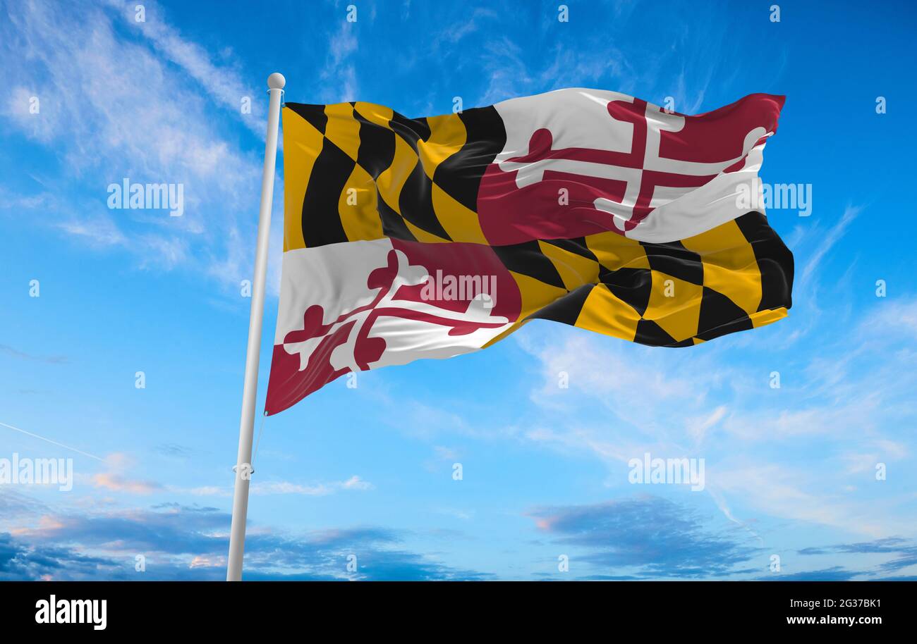 flag of Maryland at cloudy sky background on sunset. Patriotic concept ...