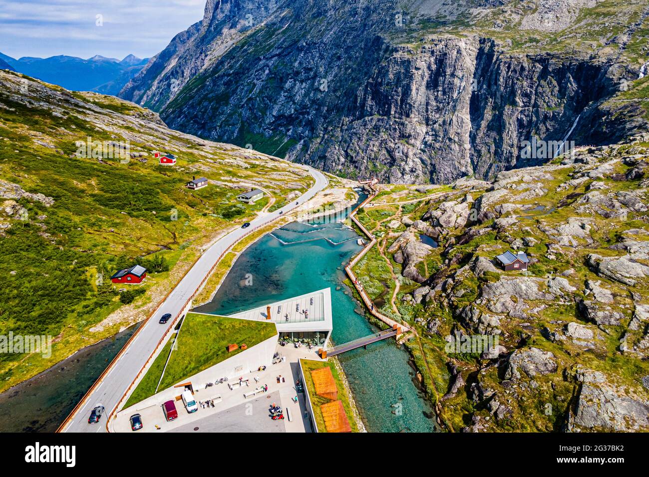 Visitor center along Trollstigen mountain road from the air, Norway ...