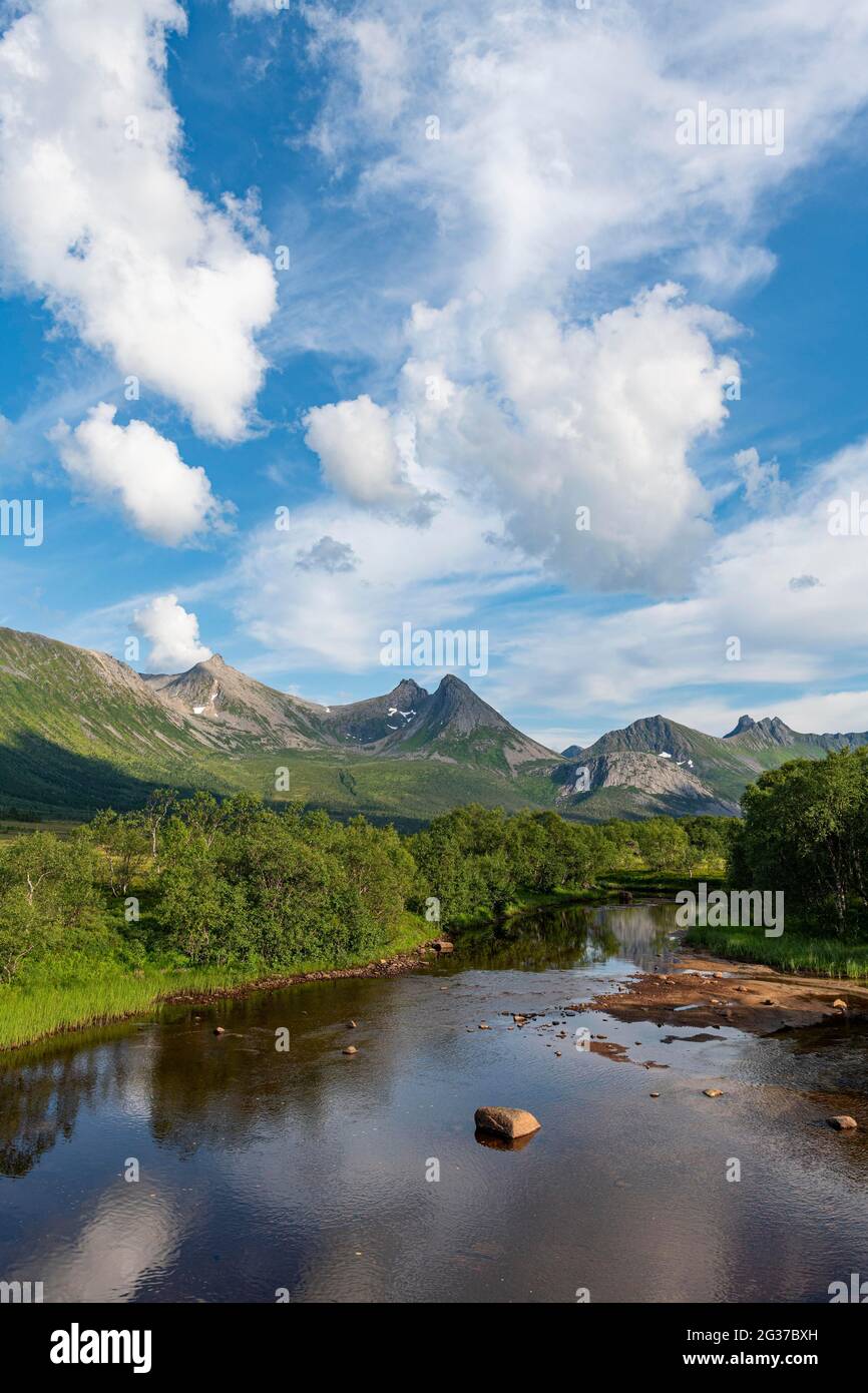 Beautiful river in the mountains of Andenes, Senja scenic road, Norway ...