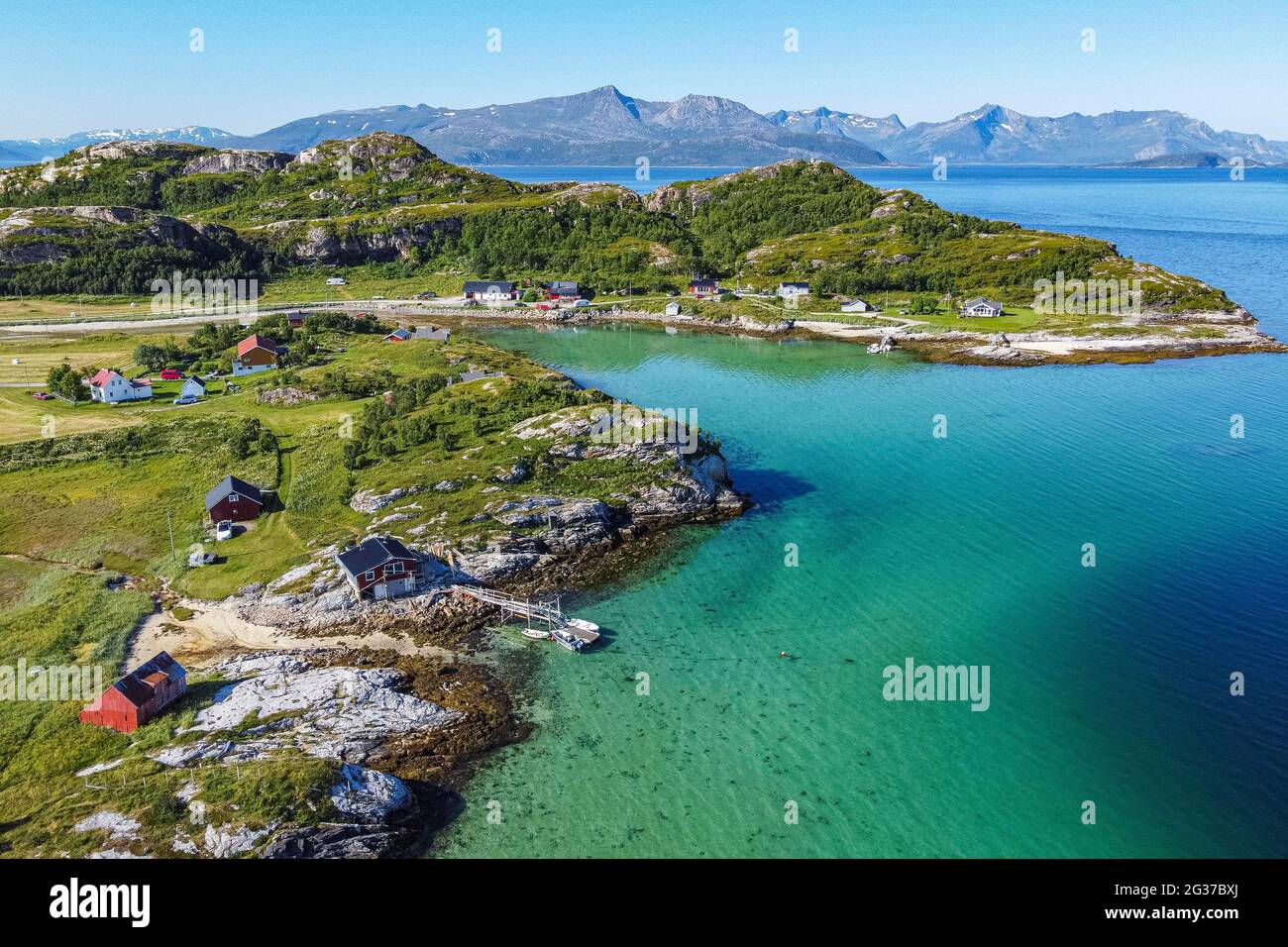 Aerial of Brensholmen with its turquoise waters, Senja scenic road ...