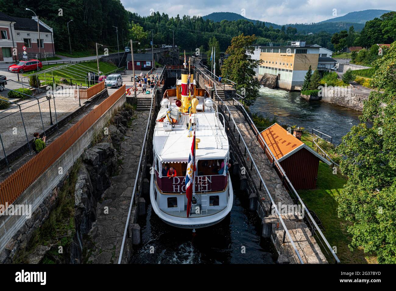 Tourist boat in the Ulefoss locks, Telemark Canal, Norway Stock Photo ...