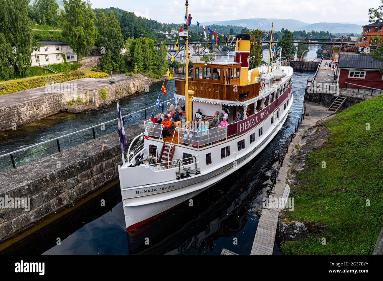 Tourist boat in the Ulefoss locks, Telemark Canal, Norway Stock Photo ...