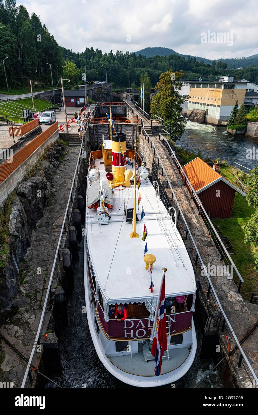 Tourist boat in the Ulefoss locks, Telemark Canal, Norway Stock Photo ...