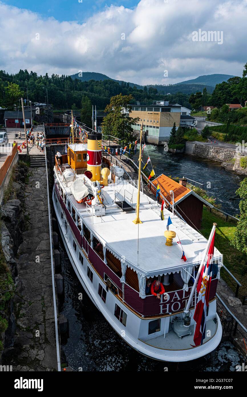 Tourist boat in the Ulefoss locks, Telemark Canal, Norway Stock Photo ...
