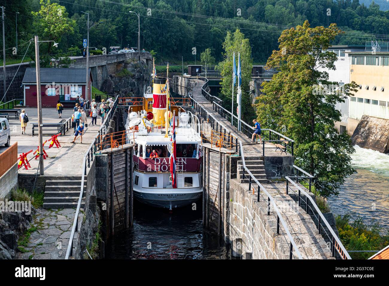 Tourist boat in the Ulefoss locks, Telemark Canal, Norway Stock Photo ...