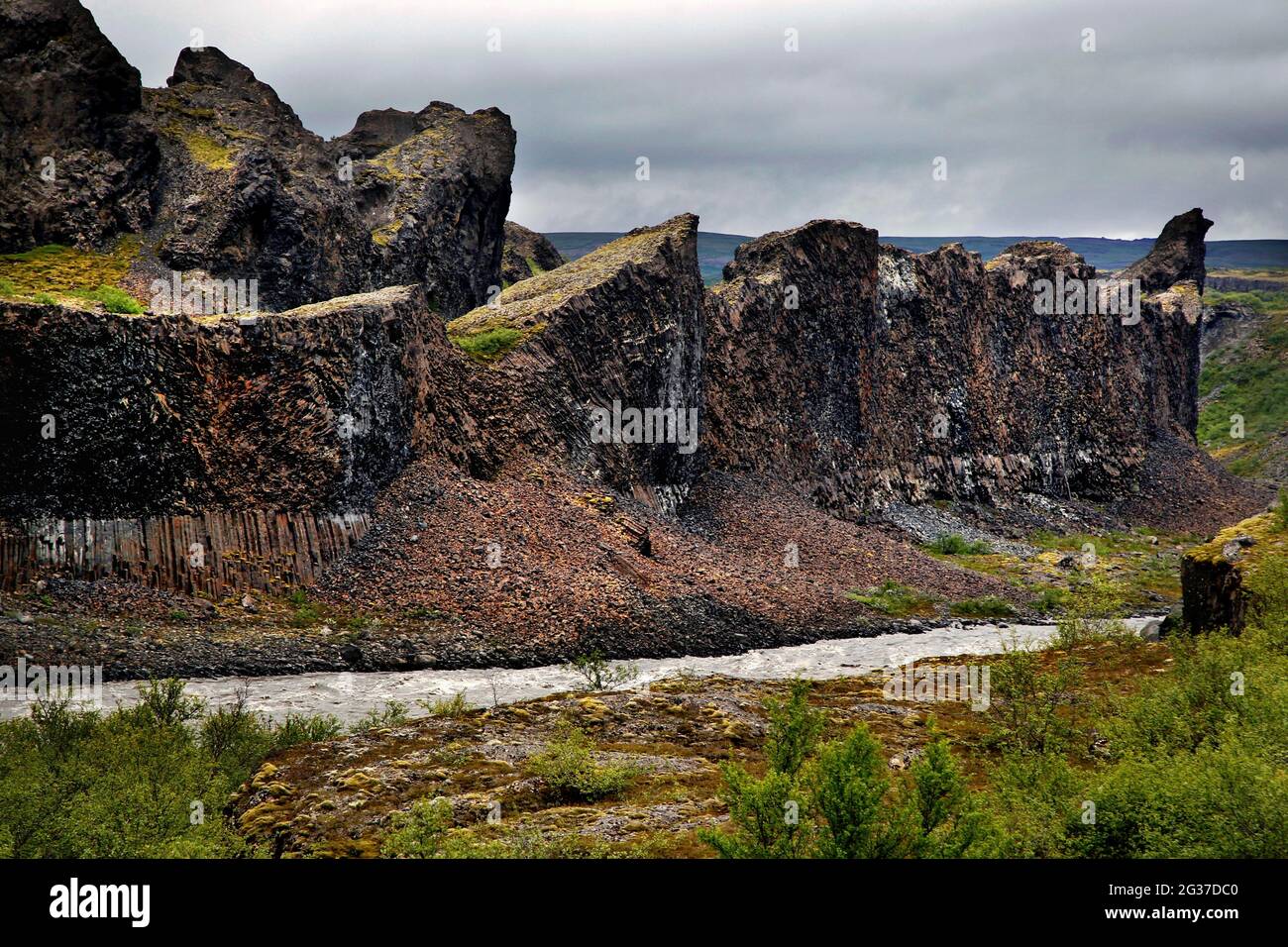 Columnar basalt, Echo rocks, Hljooaklettar, River, Joekulsa, Vestudalur ...