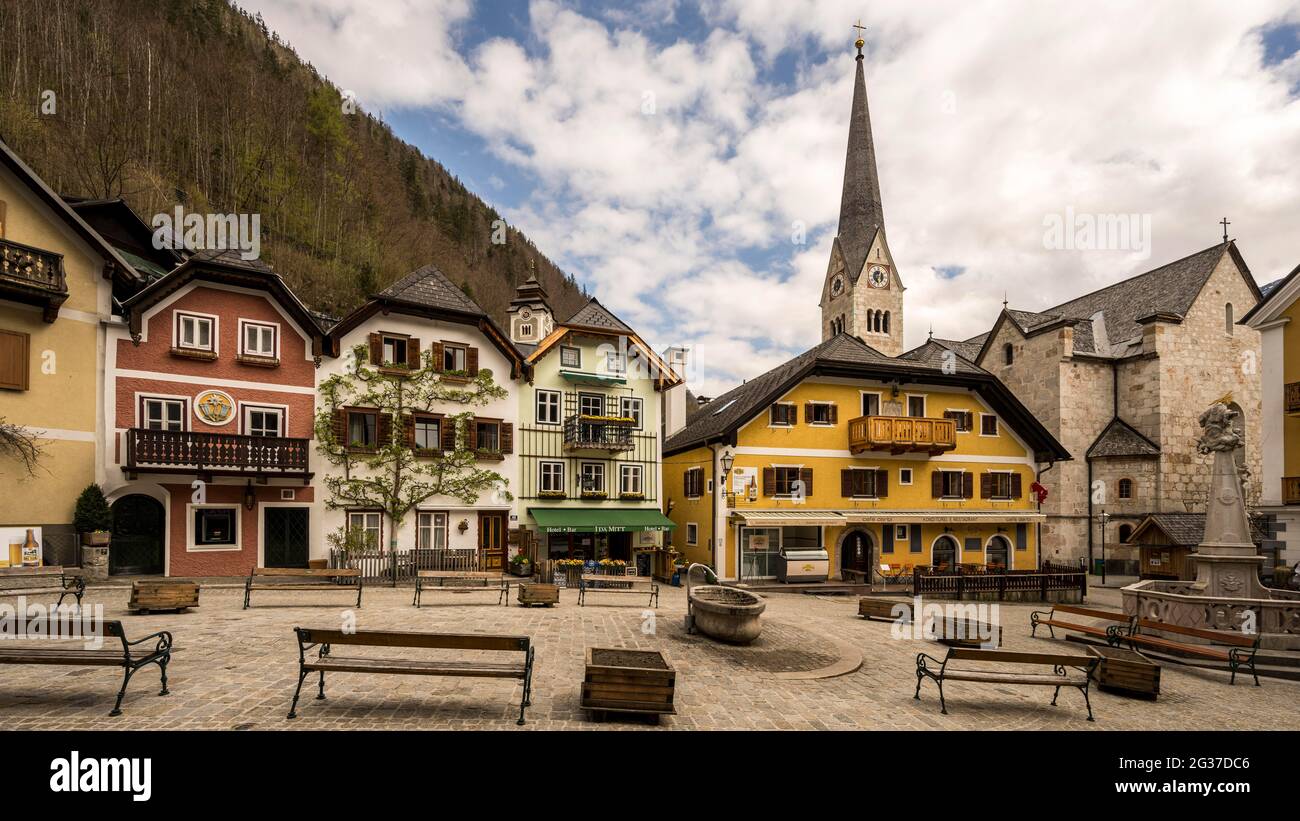 Deserted main square in the UNESCO World Heritage Site Hallstatt at ...
