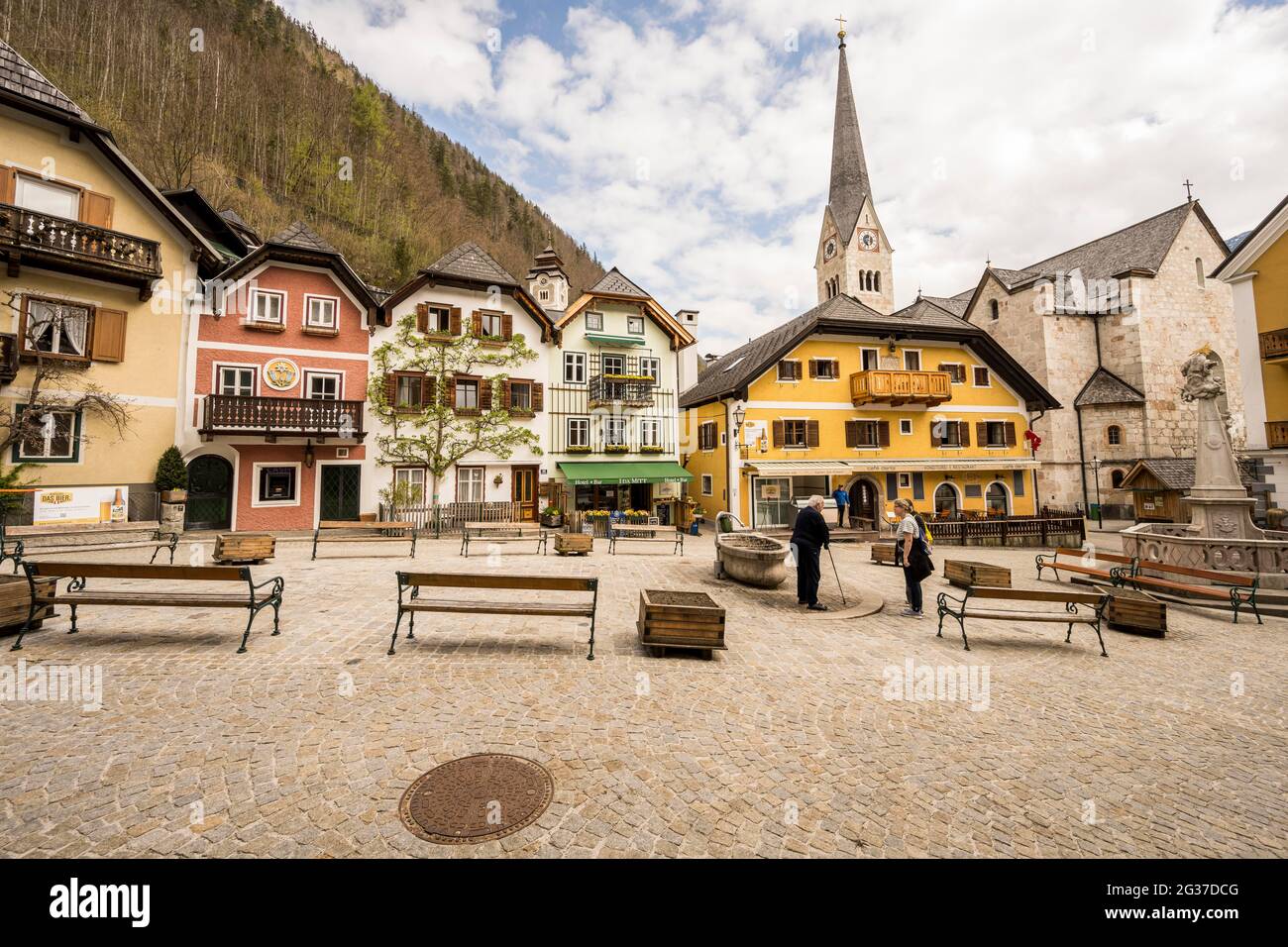 Deserted main square in the UNESCO World Heritage Site Hallstatt at ...