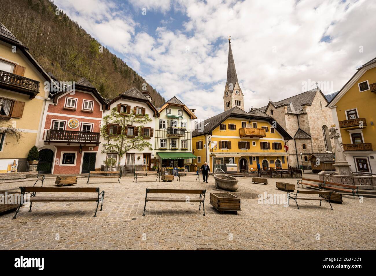 Deserted main square in the UNESCO World Heritage Site Hallstatt at ...